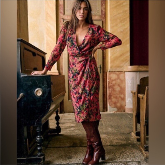 Sezane | Dresses | Sezane Armonie Dress Red Floral Wrap Midi Dress ...